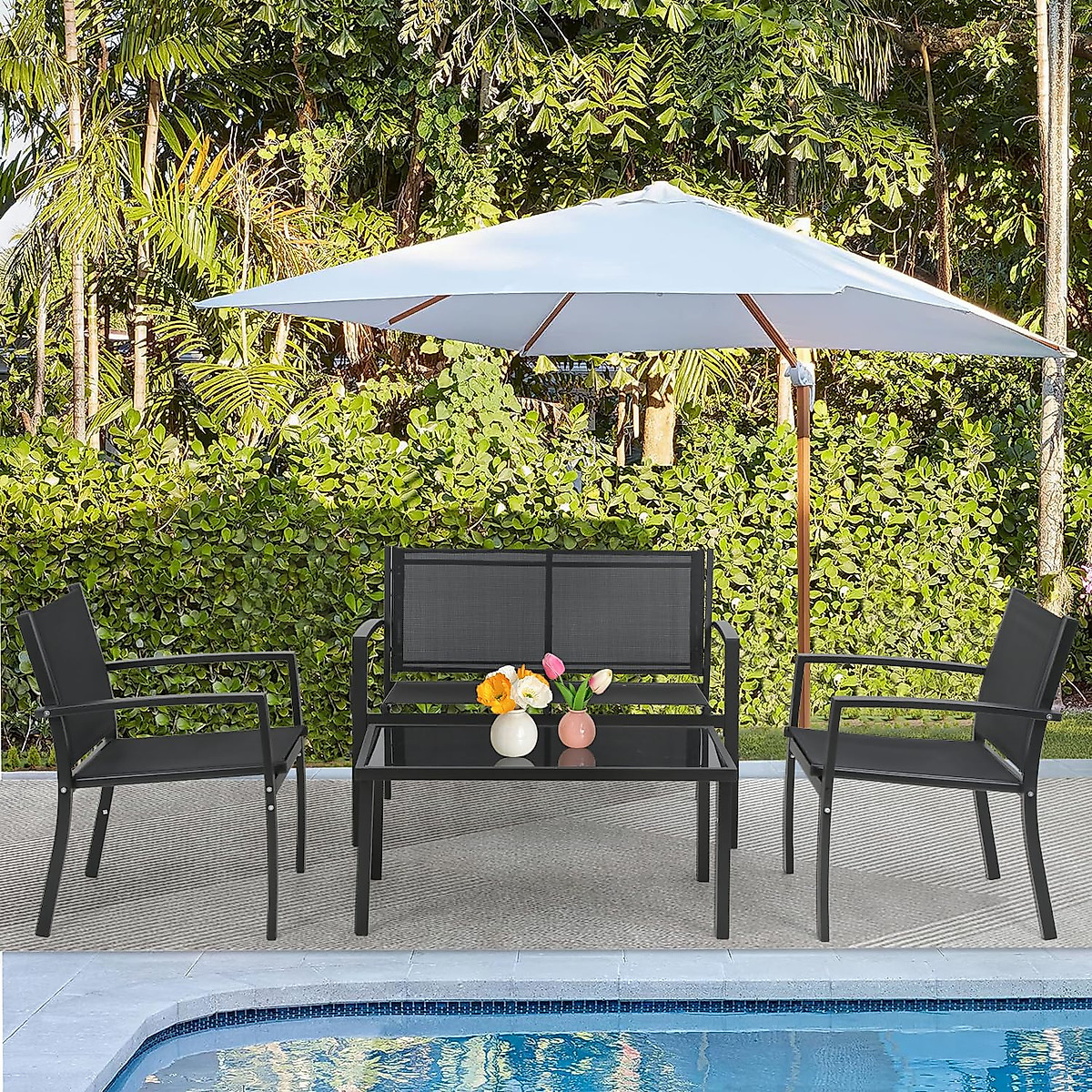 PayLessHere 4 Piece Outdoor Conversation Set for Patio Lawn Poolside with Glass Coffee Table Tempered Glass Tabletop Waterproof Set Textile Modern Conversation Set