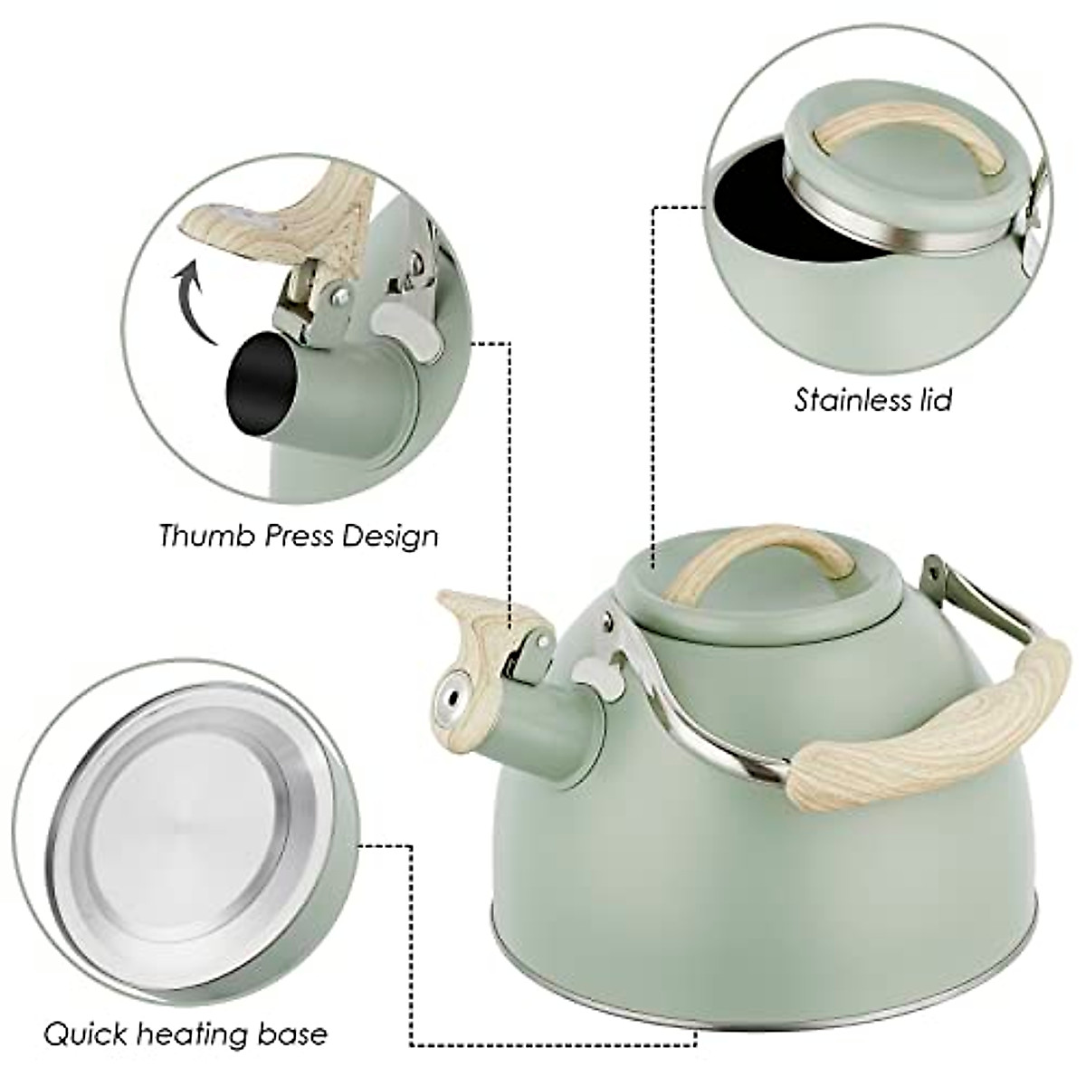 Tea Kettle, 2.7 Quart / 3 L Tea Kettle for Stovetop, Food Grade Stainless Steel Teapot, Whistling Tea Kettle with Wood Pattern Handle, Whistling Teapot Suitable for All Heat Sources