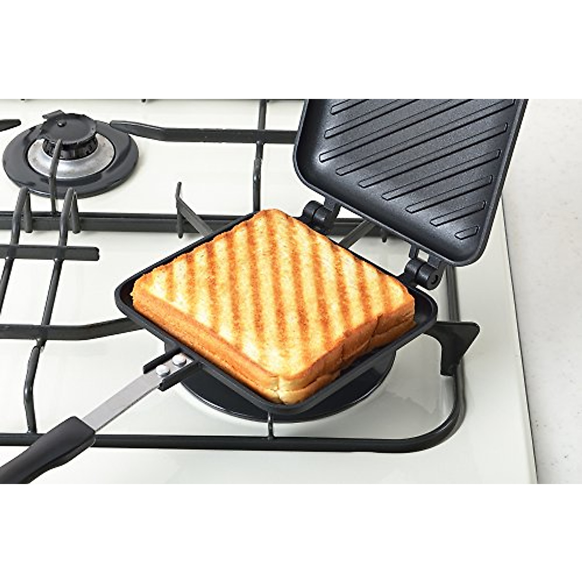 Yoshikawa SJ2408 Hot Sandwich Maker, Crispy Grilled Single, Fluorine Treated, For Gas Stoves, Black, Total Width: 13.8 inches (35 cm)