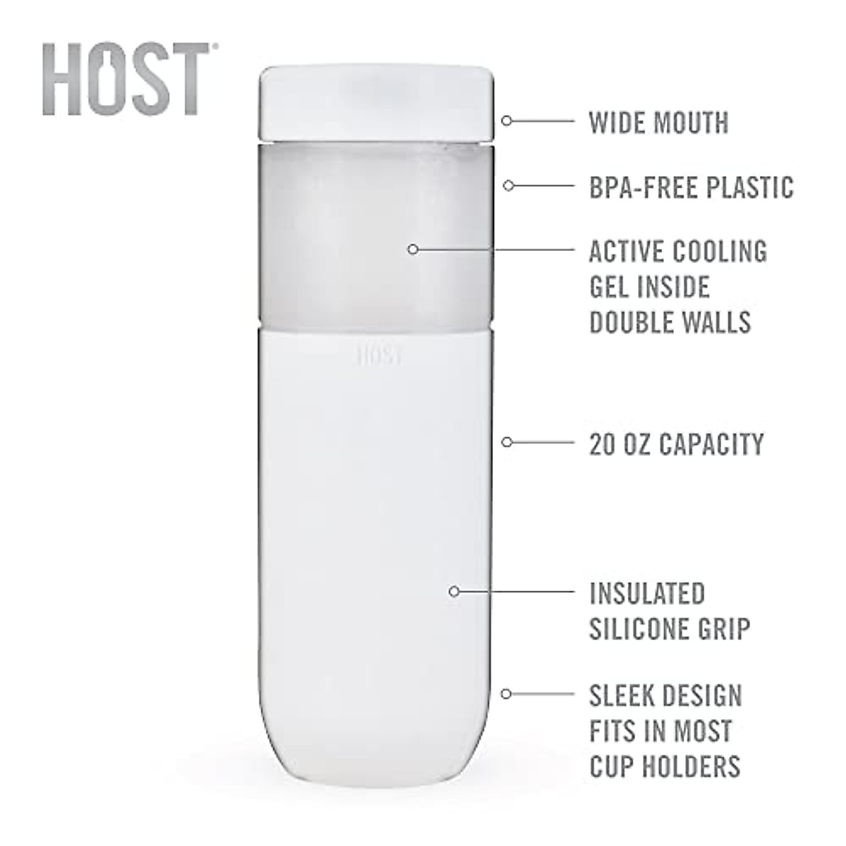 HOST Freeze Double Walled Insulated Water Bottle Freezer Tumbler with Active Cooling Gel Stainless Steel Lid and Silicone Grip, Set of 1 20 Oz Plastic Bottle, White