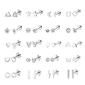 PLOMFOV Stainless Steel Stud Earrings Set for Women Men 18G Cartilage Stud Earrings Moon Star Triangle Circle Heart Square Butterfly CZ Stainless Steel Flat Back Earrings Piercing Jewelry