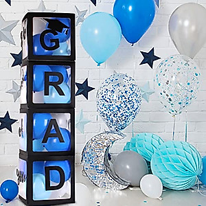 Graduation Party Decorations 2023 Graduate Balloon Boxes, 4Pcs Black Balloon Boxes for Graduation Party with " Grad" " So Proud Of You" Black Letter 4 LED Light Strings 2023 School Grad Party Supplies