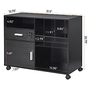 ANWBROAD Mobile File Cabinet with Charging Station & USB Ports, Rolling Printer Stand Filing Cabinets Lockable Storage Cabinet with Open Storage Shelves Drawers Home Office UBJG001H