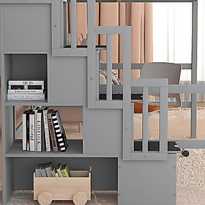 Bellemave Full Size Loft Bed with Desk and Storage Shelves,Wood Loft Bed Frame with Storage Staircase,High Loft Bed Full for Kids,Teens, Adults,Grey
