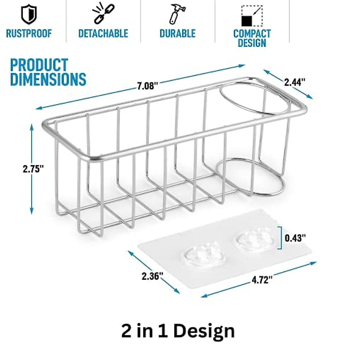 Adhesive Kitchen Sink Caddy, Sponge Holder Sink Organizer With Suction Tape Stainless Steel Rustproof Sponge Holder For Kitchen Sink Dish Scrub Holder Organizer Sponge Caddy Holder – Silver