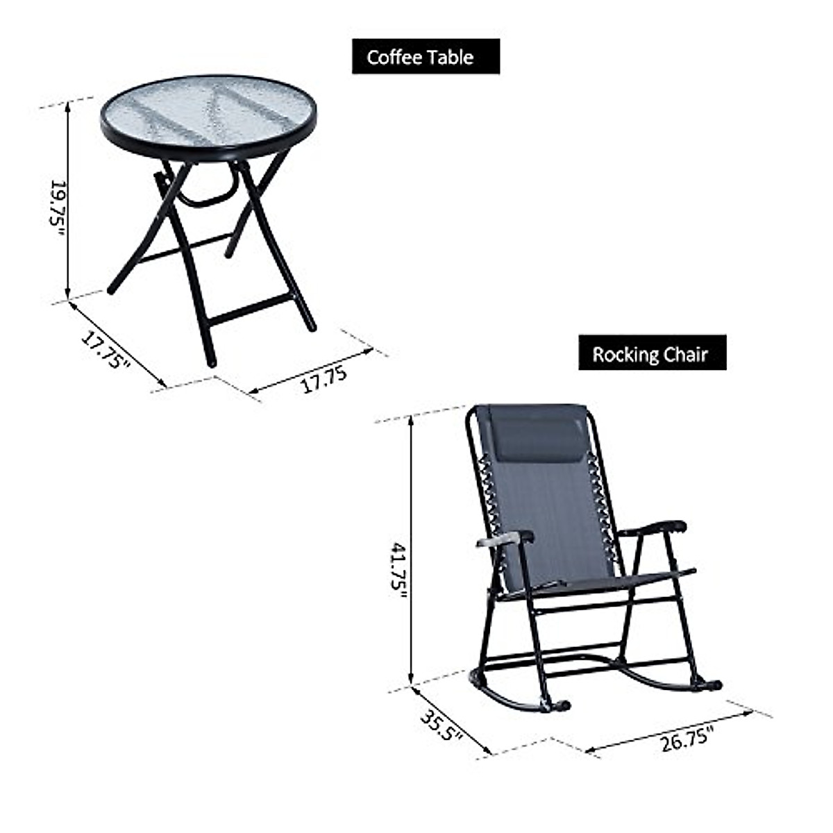 Outsunny 3 Piece Outdoor Rocking Bistro Set, Patio Folding Chair Table Set with Glass Coffee Table for Yard, Patio, Deck, Backyard, Grey