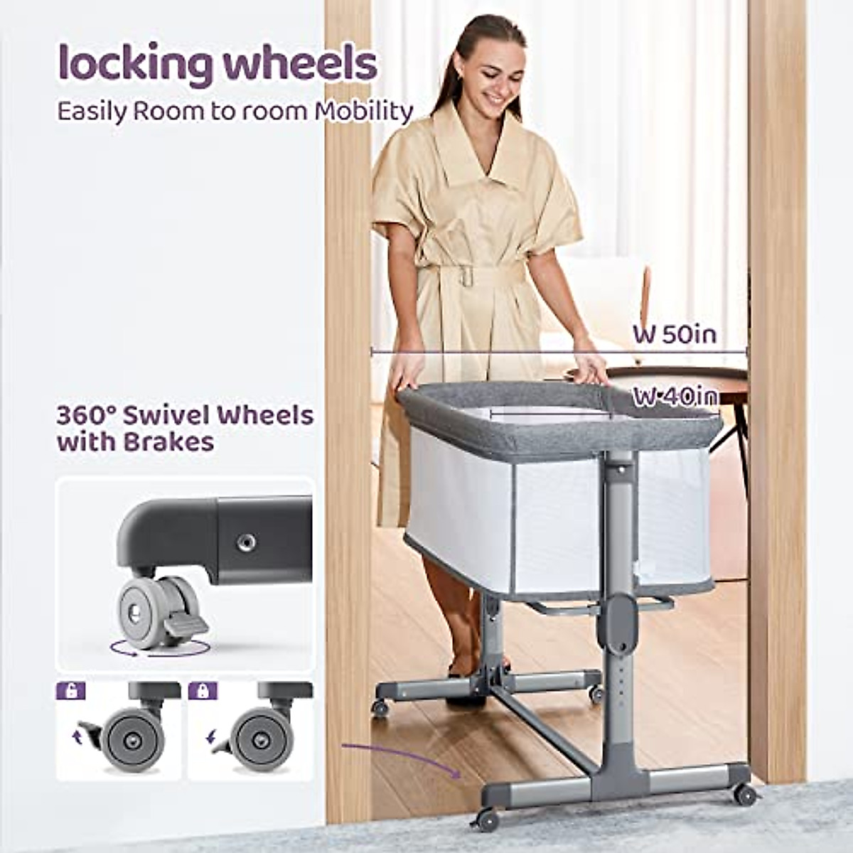 BUBAVAN Bassinet, Bedside Bassinet for Baby, Portable Bedside Sleeper, Co Sleeper Bassinet with Wheels, Baby Bed Sleeper, Breathable Mesh Design, Quick Fold with Mosquito Net & Storage Bag