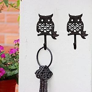 YANGMEI Vintage Cast Iron Wall Hooks (Antique Brown, Set of 2) - Rustic, Farmhouse Wall Hooks, Decorative Owl Key Hat Hook, Wall Mounted Heavy Duty Hooks for Keys, Towel, Bags, Hat, Coat