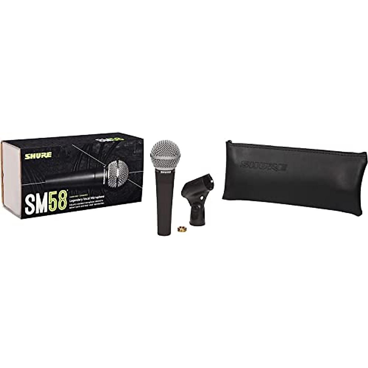 Shure SM58 Cardioid Dynamic Vocal Microphone with Pneumatic Shock Mount, Spherical Mesh Grille with Built-in Pop Filter, A25D Mic Clip, Storage Bag, 3-pin XLR Connector, No Cable Included (SM58-LC)
