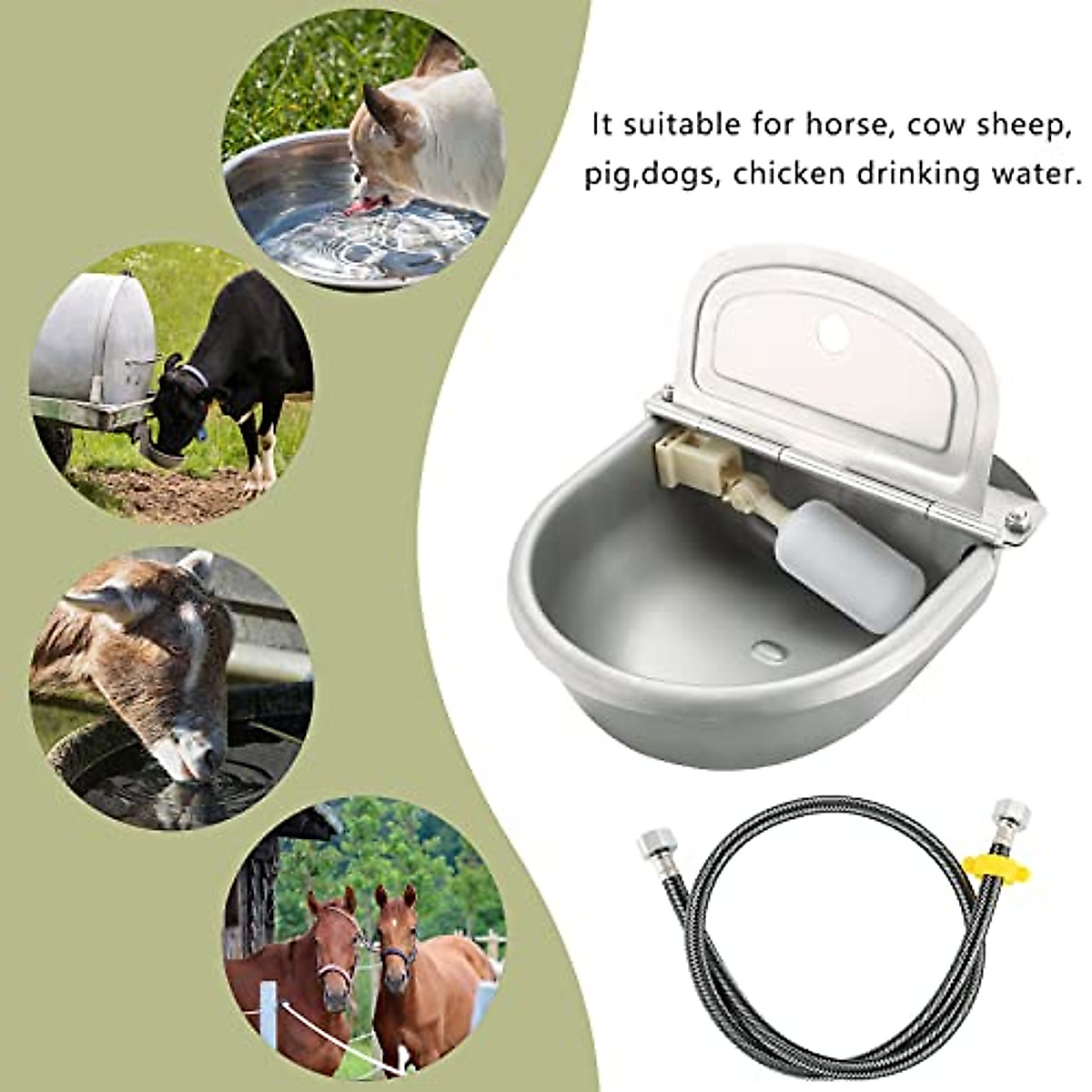 NATGAI Automatic Waterer Bowl with Float Valve and Braided Hose | Stainless Steel Stock Waterer Horse Cattle Goat Sheep Dog Waterer for Livestock Dog Goat Pig Waterer (with Drainage Hole)