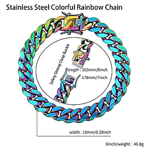 TOPGRILLZ 10,14mm Polished Stainless Solid Colorful Rainbow Cuban Link Chain Bracelet for Men and Women Hip Hop Personality Jewelry (14MM_9inch)