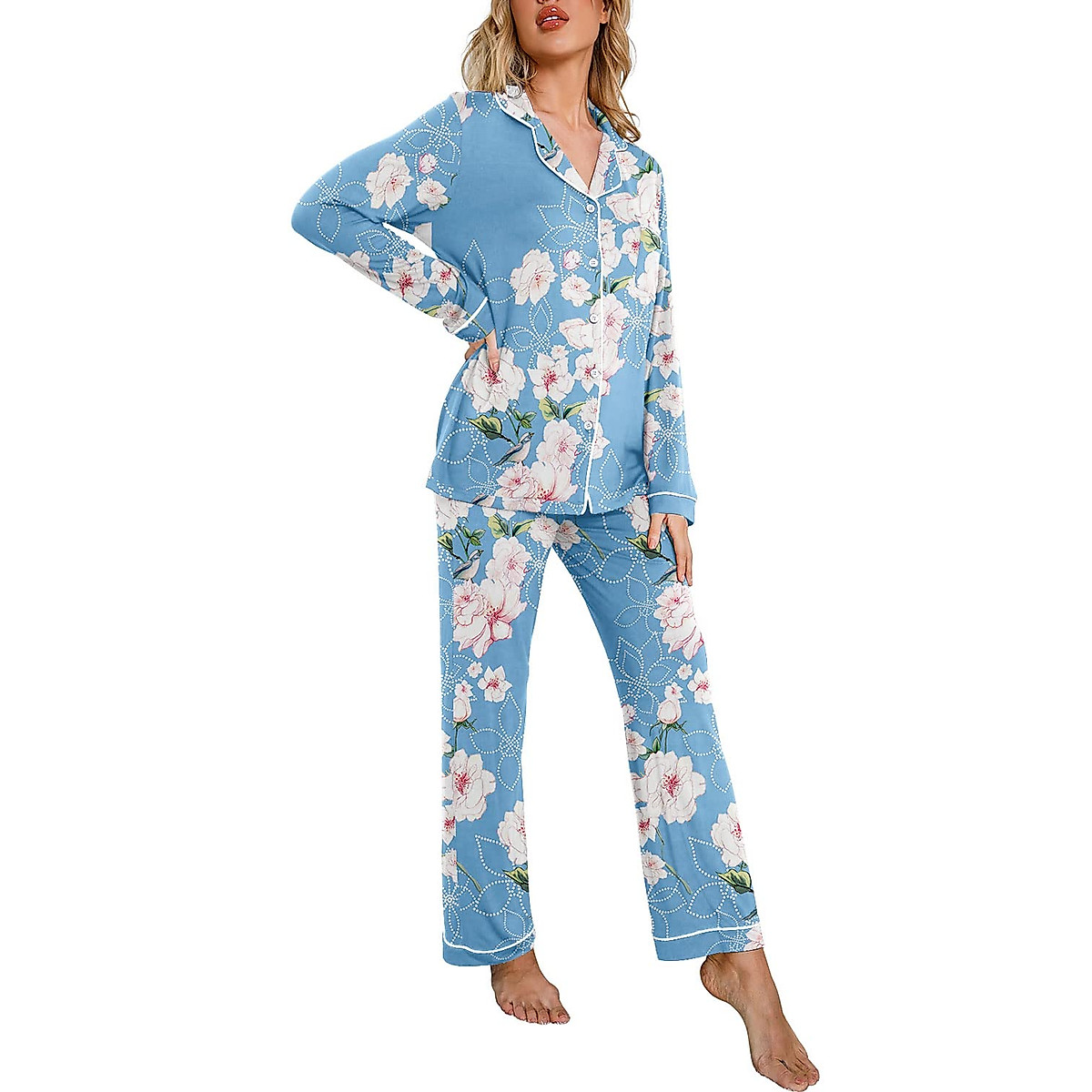 PrinStory Women's Pajamas Set Long Sleeve Sleepwear Casual Loungewear Soft Button Down Pjs Set with Pockets FP-Light Blue-Large
