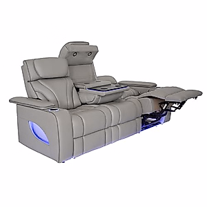 Armen Living Octavia Modern Zero Gravity Power Reclining Heated Massage Sofa, 86" Wide, Silver and Gray Top Grain Leather