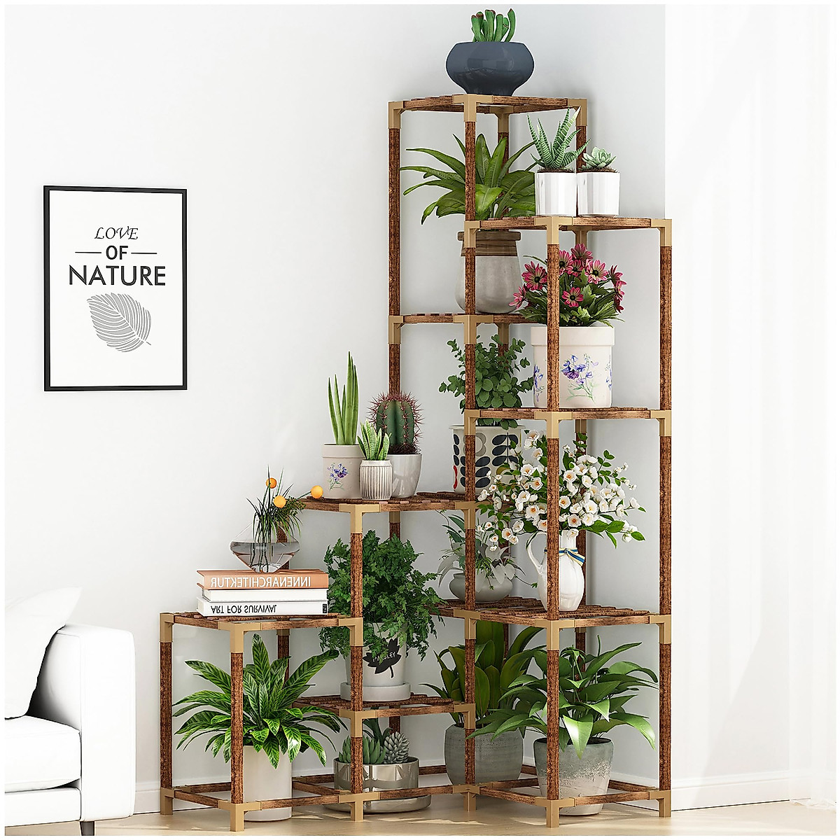HOMKIRT Plant Stand Indoor Outdoor, 14 Tier Large Corner Plant Stand Tall Plant Shelf Rack Flower Stand For Multiple Plants, Wood Plant Holder Ladder Table Display For Patio Garden Balcony Window