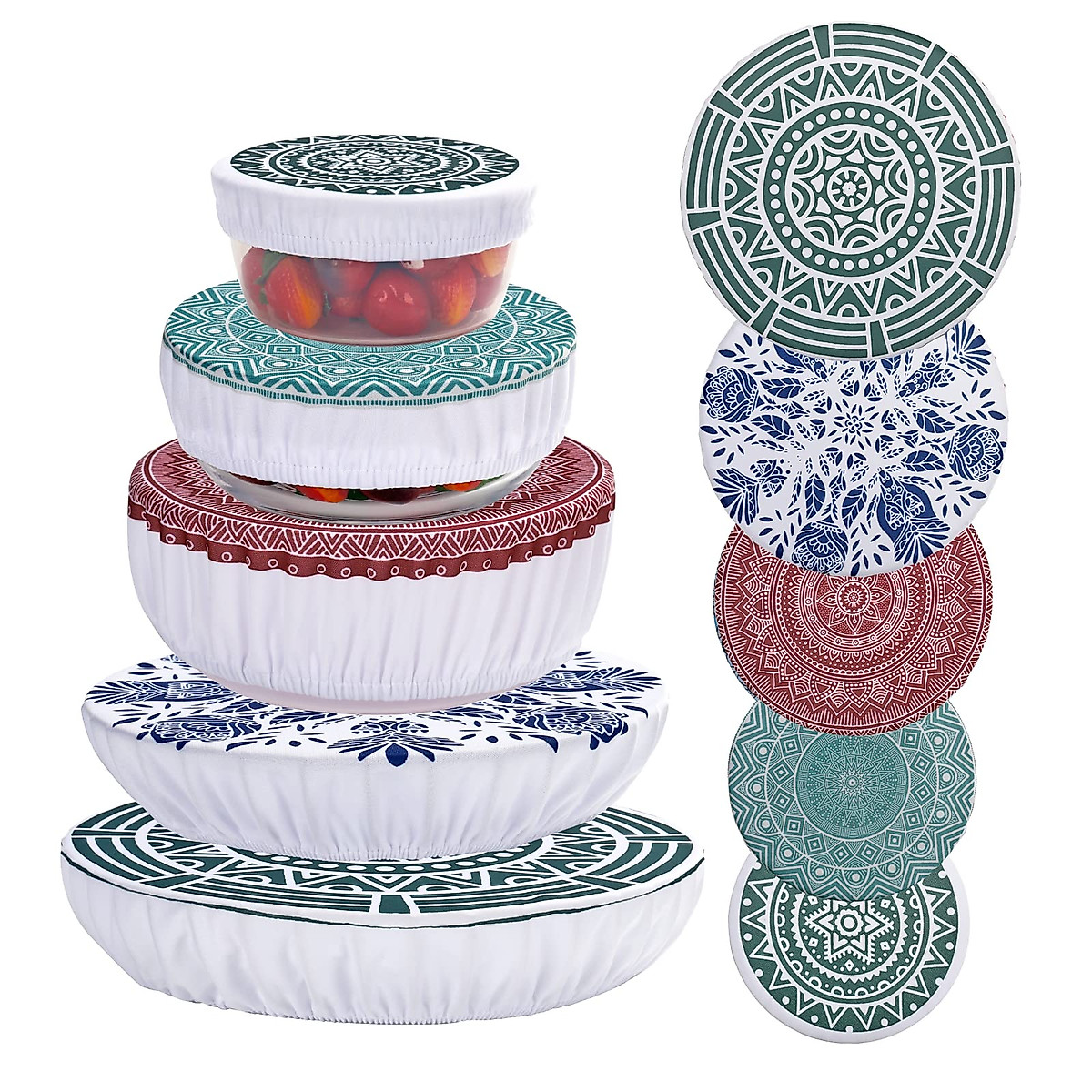 10Pcs Reusable Bowl Covers In 5 Size, Stretch Cloth Fabric Dish Cover Kitchen Storage Containers Lids for Fruits Food Leftover Dough Bread Proofing