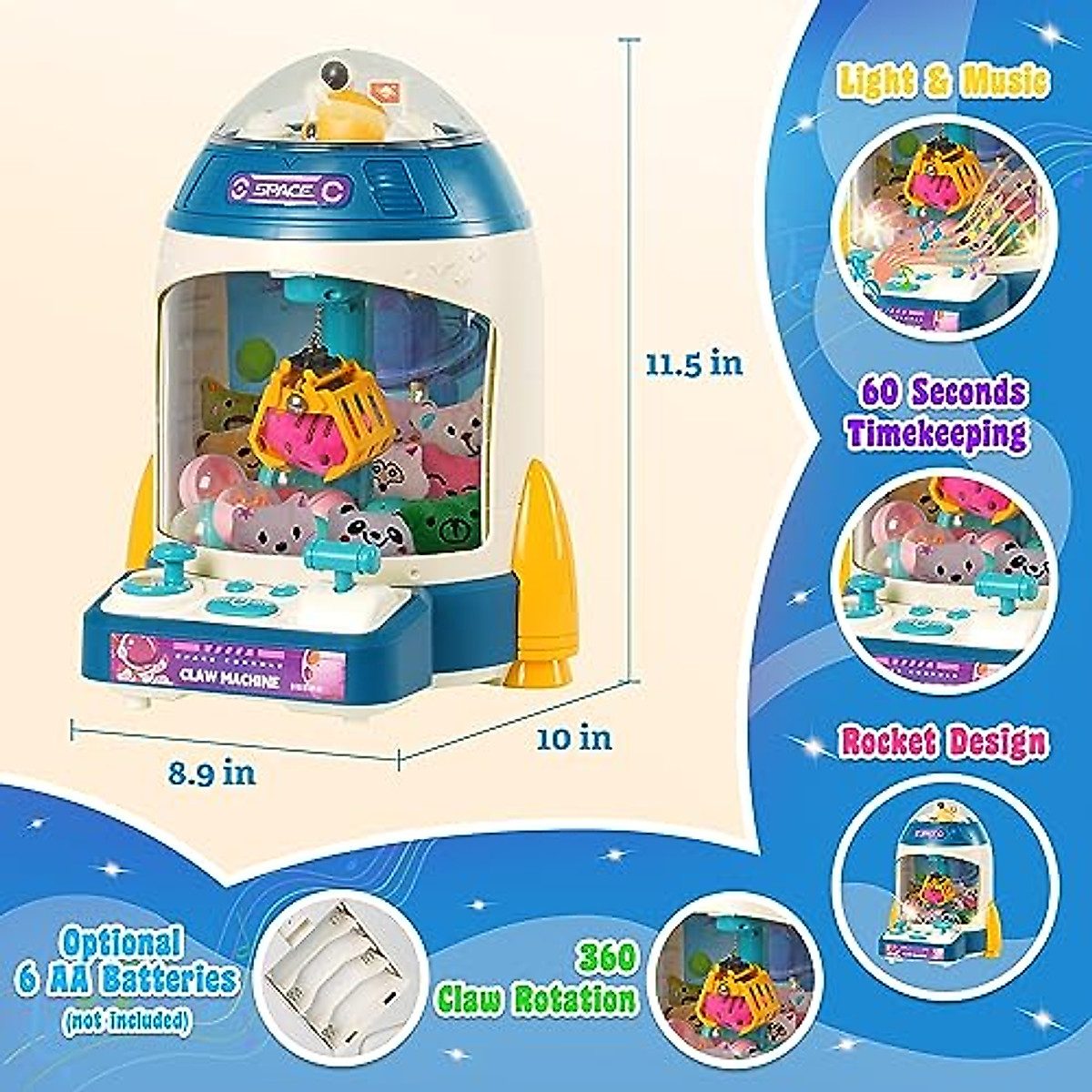 Bambibo Mini Claw Machine for Kids - Pre Assembled Blue Rocket Shaped, Vending | Indoor Toys Arcade Machines Home Game with Music Age 3-8, Pink