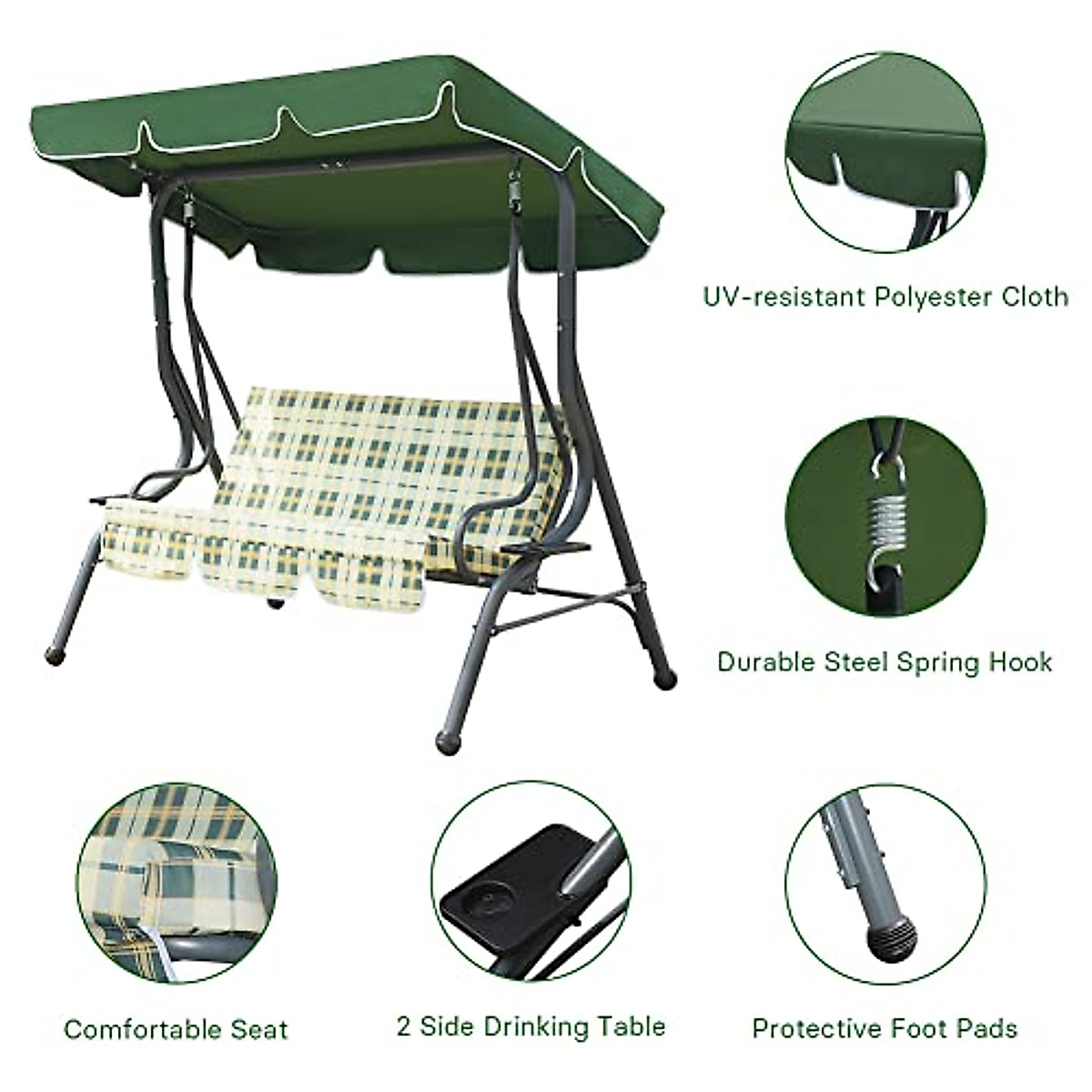 Zupapa Upgraded Outdoor Patio Swing Chair w/Thickened 3-Person Armrest Seat, Canopy Swing w/Adjustable Shading, Reinforced Powder-Coated Swing Sets for Backyard, Porch, Poolside, Balcony - Checked