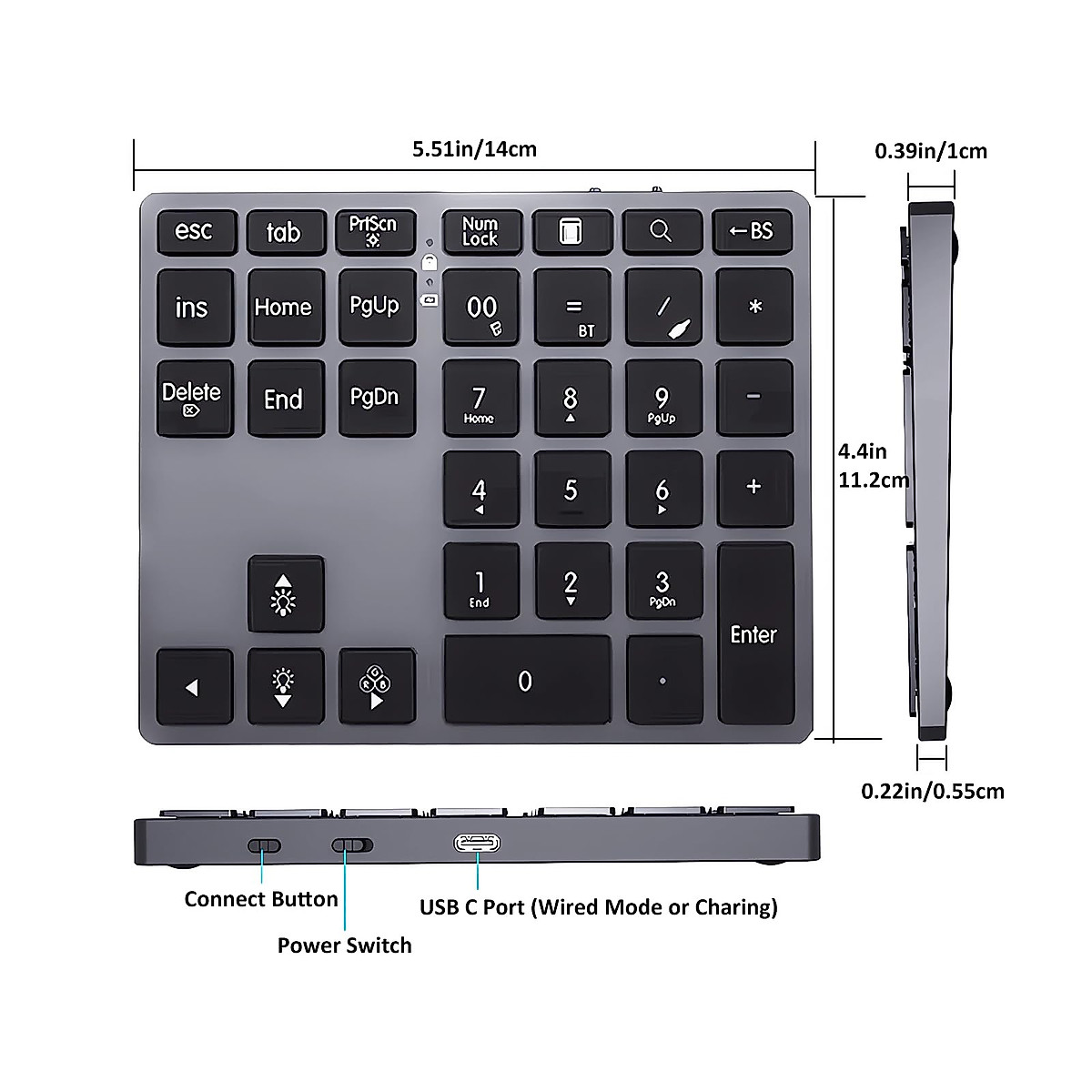 LINKEET Tri-Mode Aluminum Numpad 7-Color LED Backlit, BT5.0/USB/2.4G Wireless Rechargeable Number Pad 35-Key Scissor Switches Light Up Keycaps for PC/Laptop/Win/Mac, Grey Black