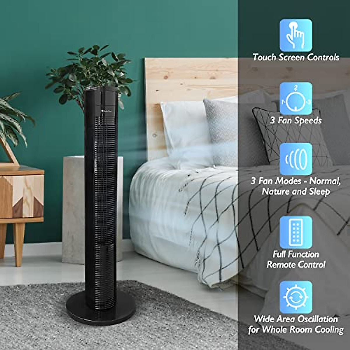 Comfort Zone CZTF361RBK 36" 3-Speed Oscillating Tower Fan with 3 Mode Settings, 7-Hour Timer, and Remote Control, Black