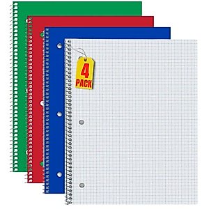 1InTheOffice Graph Composition Book, Wirebound, 8" x 10.5" Graph Paper Notebook, Assorted Colors Quad Ruled Spiral Notebook , 70/Sheets 4 Pack