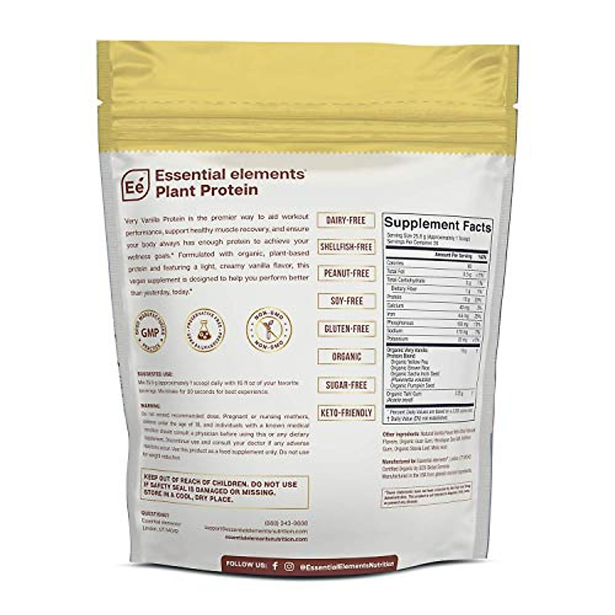 Essential Elements Organic Pea Protein Powder - Very Vanilla | Low-carb Plant-Based Vegan Blend - Keto-Friendly and Gluten-Free | 20 Servings, 18.2 oz