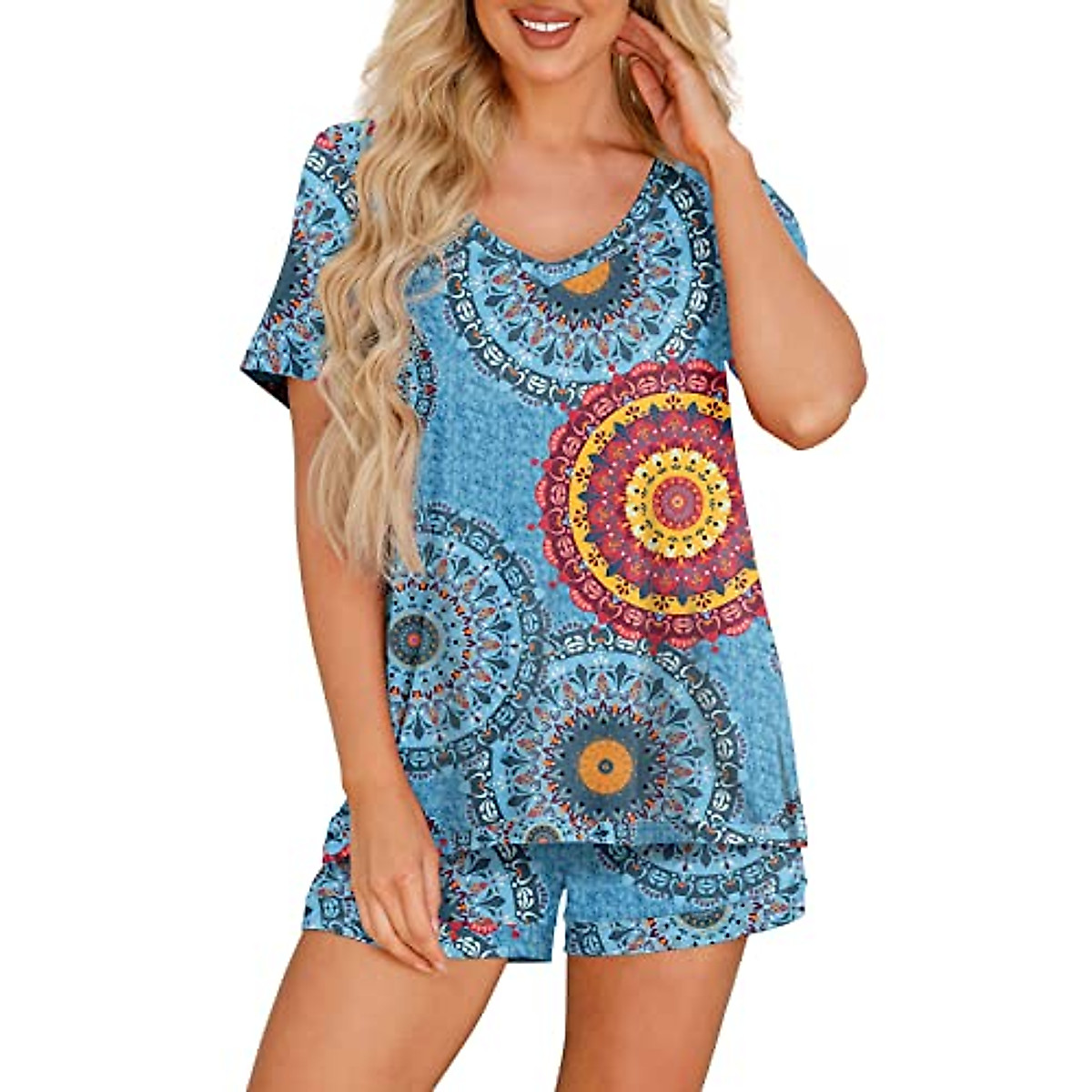 PrinStory Women's Pajama Set Short Sleeve Shirt and Shorts Sleepwear Pjs Sets with Pockets FP-Mix Blue-Small