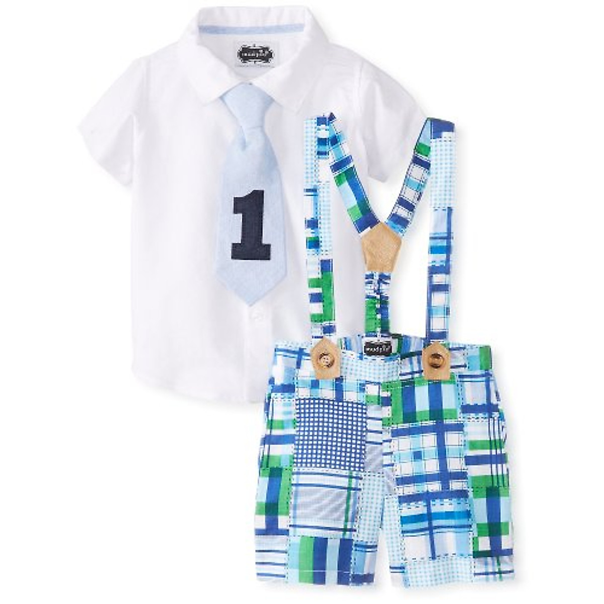 Mud Pie Baby Boys' I'M One 3 Piece Set Madras Plaid Shorts Button Down and Tie Set, Multi, 12 18 Months