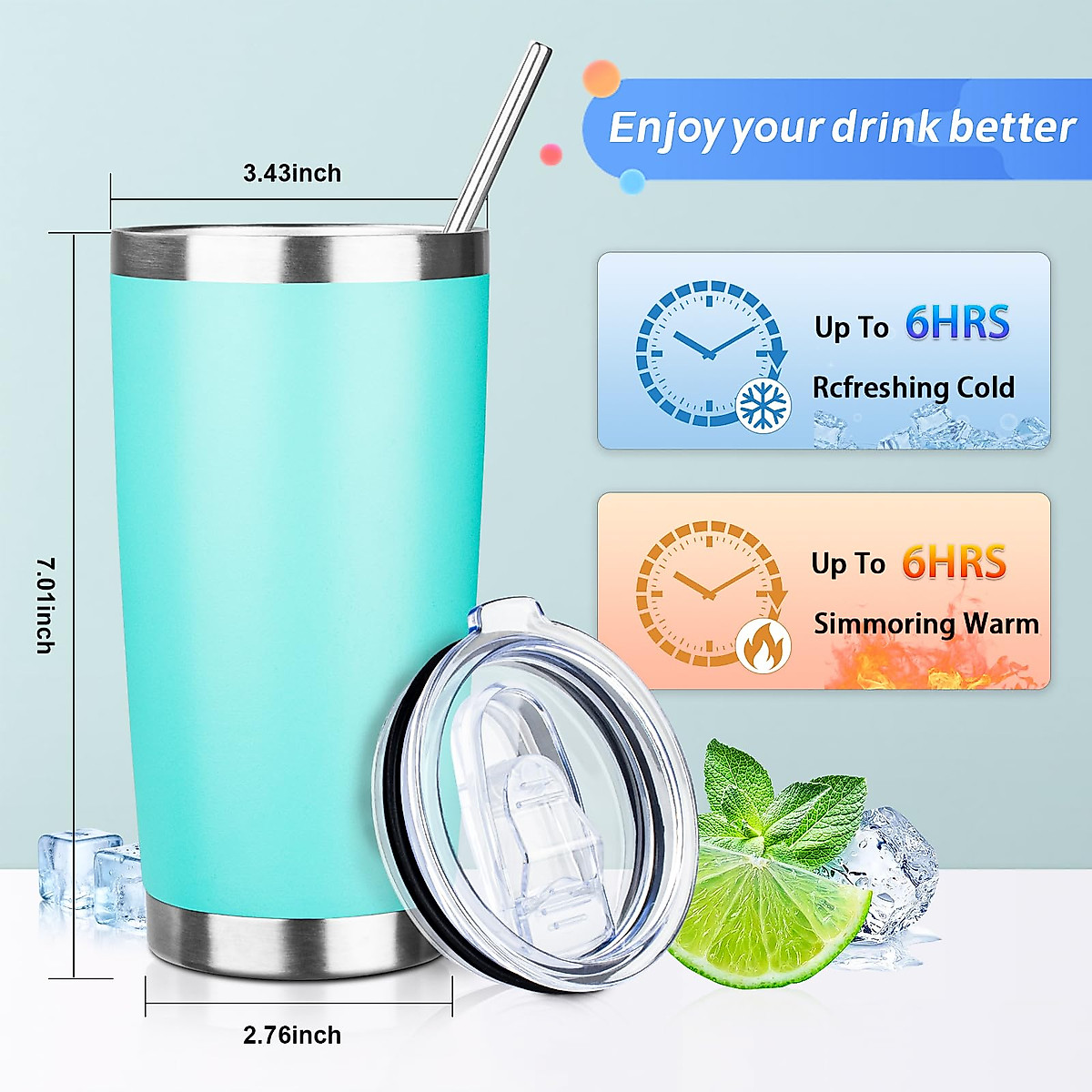 ATIKZHE 20oz Tumbler with Straw and Brush, Stainless Steel Vacuum Insulated tumbler, Double Wall Insulated Coffee Tumbler for Outdoor, Home, Travel,Office (Light Green,1pcs)