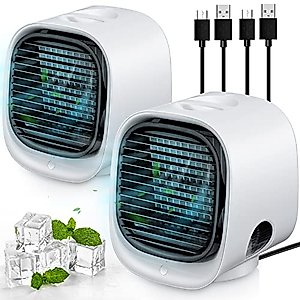 Treela 2 Pack Small Personal Evaporative Air Cooler Portable Air Conditioner Fan USB Mini Air Conditioner Desk Mini Air Conditioner Quiet Humidifier Cooling Fan for Office Bedroom Room Table, White