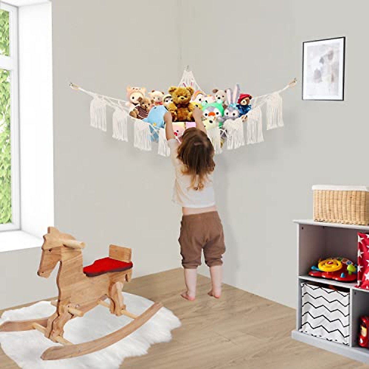 Zeesa Stuffed Animal Net or Hammock, Boho Hanging Net Storage with Macrame, Corner Toy Net Holder for Plush Toys Display, Beige