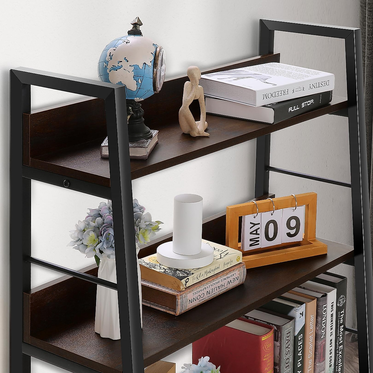 Homdox 5 Tier Ladder Shelf, Industrial Bookshelf Wood and Metal Bookcase, Plant Flower Stand Rack Book Rack Storage Shelves for Home Decor, Walnut