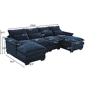 Tmsan 109.8" Sectional Sofa Cloud Couch for Living Room, Modern U Shaped Modular Sofa with Double Chaise Lounge, Large 4 Seater Chenille Sleeper Sofa for Apartment Office (Blue)
