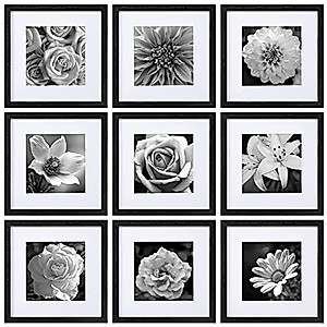 eletecpro 12x12 Picture Frames Black Set of 9, Wooden Square Frame Displays 8x8 with Mat and 12x12 without Mat, Poster Frame for Wall Hanging