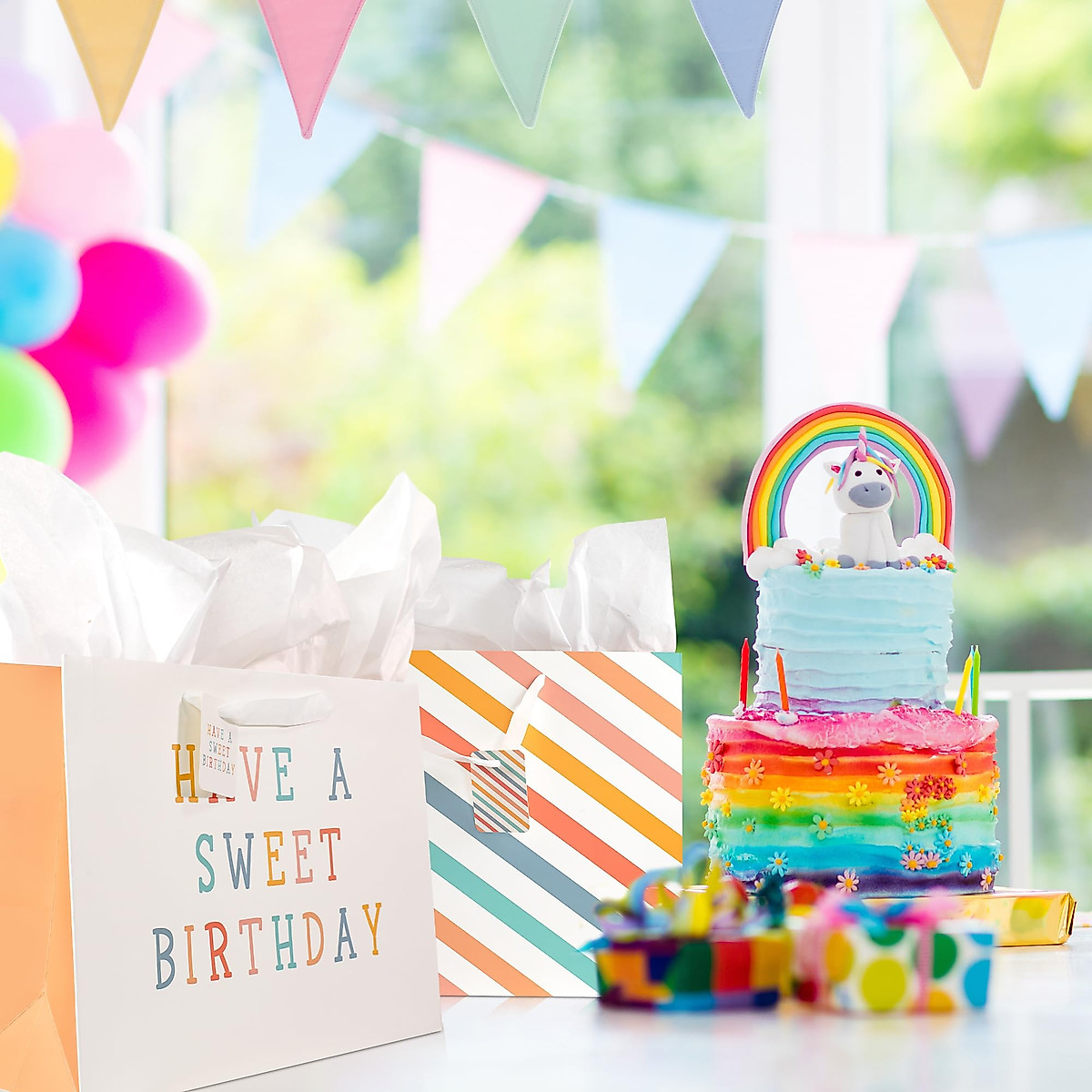 Beautiful Birthday Gift Bags Set of 2 - Large 14.5" Bags with Handles incl. Matching Tissue Paper, Cards & Stickers - Reusable and Perfect For Presents of Any Girls/Boys Kids Party & Special Occasion