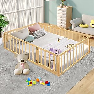 TURRIDU Queen Size Montessori Floor Bed, Multifunctional Wood Bed Frame with Fence & Door for Children Boys Girls Bedroom Living Room, Without Slat & Unlimited Weight, Natural