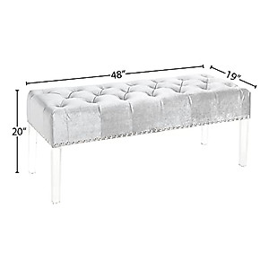 Roundhill Furniture Valley Button Tufted Velvet Upholstered Bench with Acrylic Leg, Grey