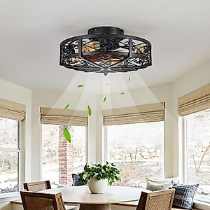 MeZeYo 20" Caged Farmhouse Flush Mount Ceiling Fan with Light and Remote Control Bladeless Low Profile Ceiling Fans with Lights Enclosed Vintage Fan 6 Speed Reversible for Kitchen, Bedroom