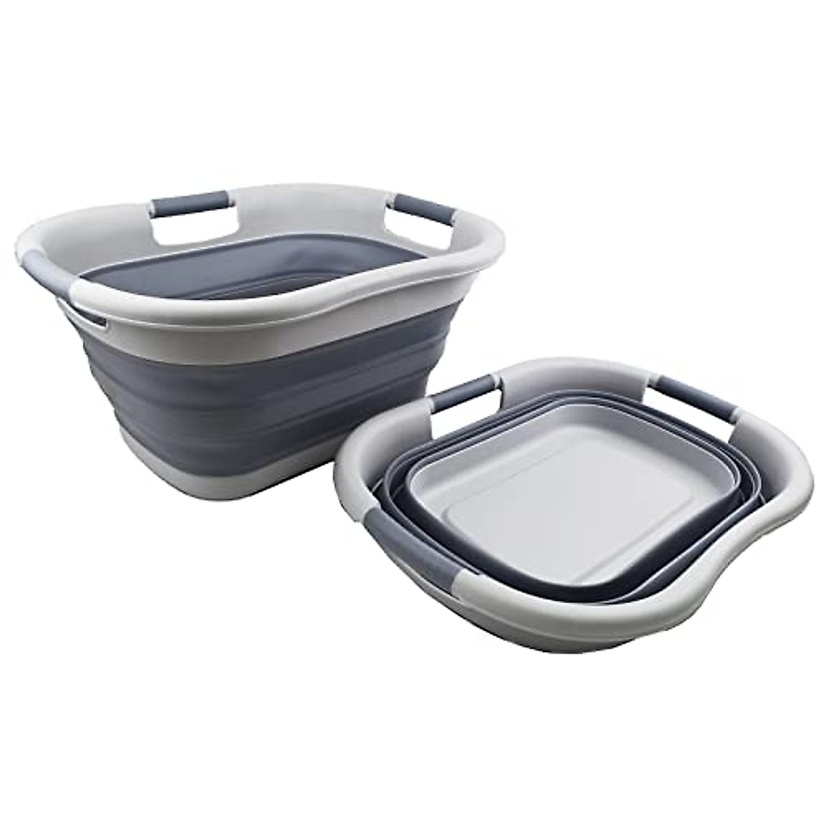 SAMMART 30L (7.9 gallon) Collapsible Plastic Laundry Basket - Foldable Pop Up Storage Container/Organizer - Portable Washing Tub - Space Saving Hamper/Basket (Grey/Dark Grey (Set of 2))