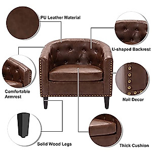 SSLine Armchair Barrel Club Chair,Modern PU Leather Accent Chair Arm Club Chair w/Nailheads and Solid Wood Legs,Tub Barrel Style Lounge Chair for Living Room Bedroom Reception Room (Brown)