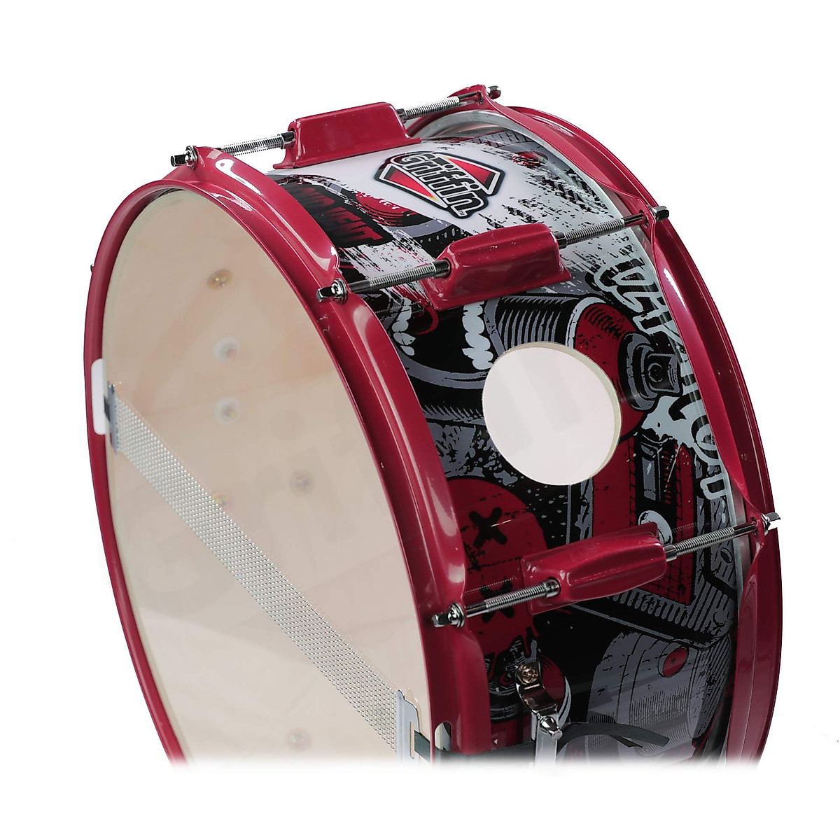GRIFFIN Snare Drum Birch Wood Shell 14 X 6.5 Inch | Oversize 2.5" Large Vents & Custom Graphic Wrap (Limited Edition) | Red Hardware & Marching Drummers Key for Students & Pros | 8 Metal Tuning Lugs