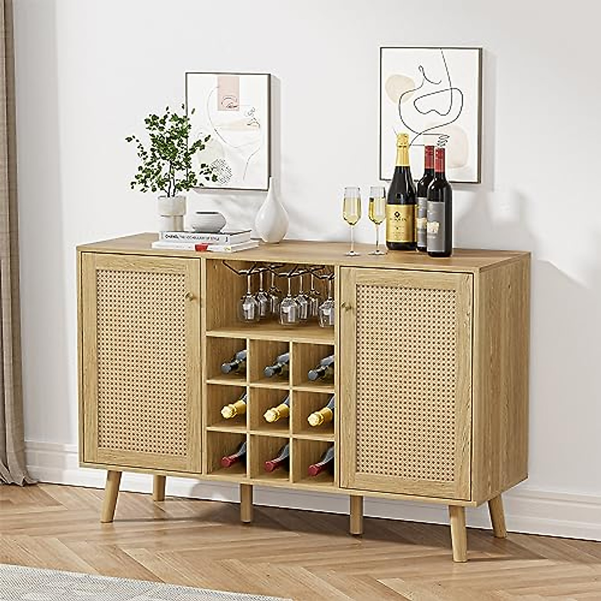 Giluta Rattan Wine Bar Cabinet 2-Door Farmhouse Liquor Cabinet with Wine Rack and Glass Holder, Rustic Oak Sideboard Buffet Storage, Modern Wooden Coffee Bar Cabinet for Living Dining Room Kitchen