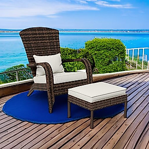 Outsunny Patio Wicker Adirondack Chair with Ottoman, Outdoor Fire Pit Chair with Cushions, High-Back, Large Seat & Armrests for Deck, Garden & Backyard, Cream White