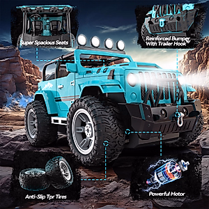 DEERC Remote Control Car with Fog Mist & Music, 1:16 Remote Control Truck for Boys, 2.4Ghz RC Car Toy with 2 Batteries, All Terrain SUV Gifts Crawler with Trailer Hitch