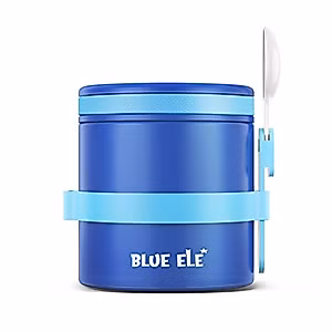 BLUE ELE Leakproof, Vacuum Insulated Thermos Hot Lunch Containers with Ceramic-Coated Stainless Steel, Easy Grip Lid, and Folding Spoon, 13.5oz, Deep Blue