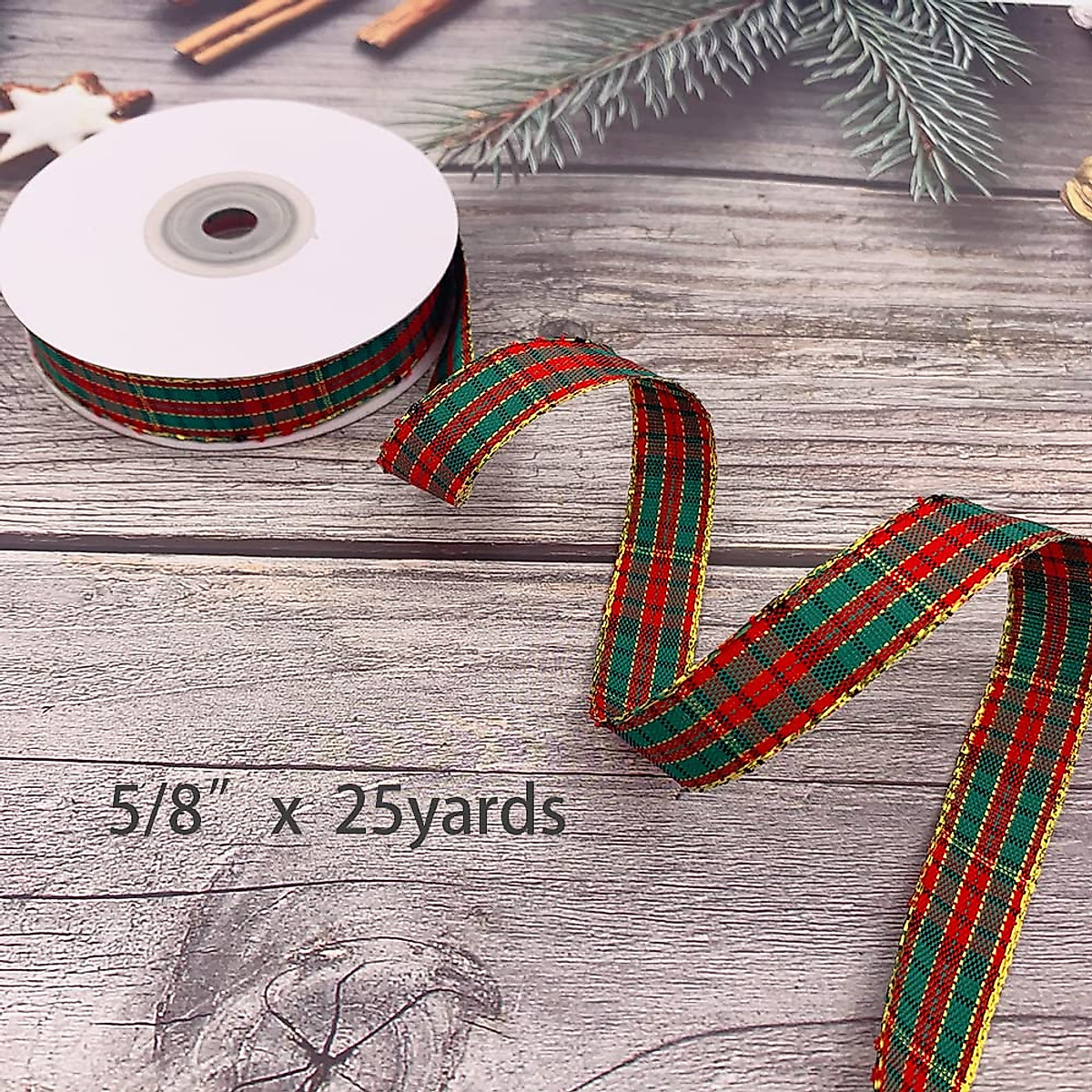 5/8" Christmas Ribbons Xmas Plaid Ribbons Craft Ribbon Checked Ribbon Bows Wrapping Ribbons with Measuring Tape for Christmas Party Decoration (25 Yards)