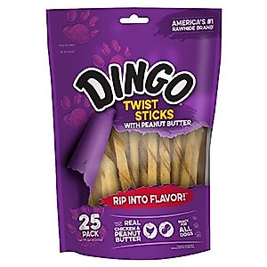 Dingo Twist Sticks with Peanut Butter, Rawhide Chew, 25-Count