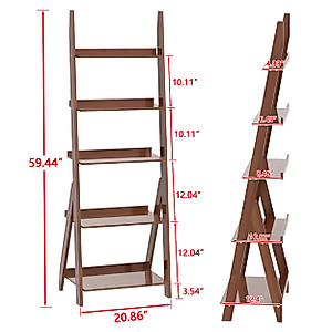 DOUSY-5-Tier Ladder Shelf Bookcase, Bamboo Ladder Bookshelf Leaning Bookshelf, Freestanding Storage Shelf Boho Bookshelf for Living Room, Home Office, Bedroom, Balcony, Walnut