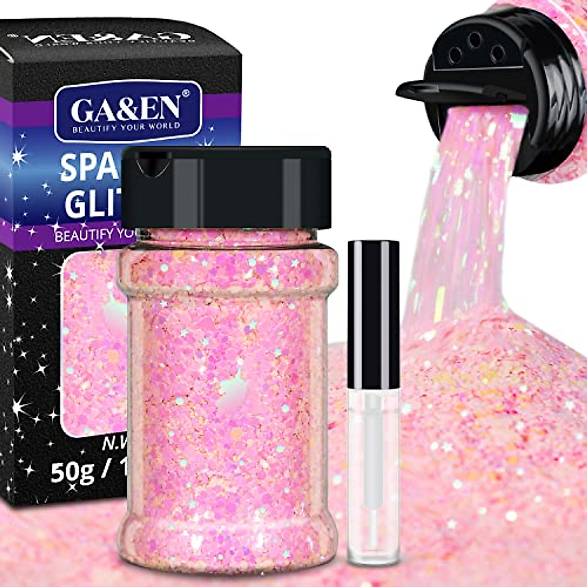 Holographic Chunky Glitter 50g Pink Body Glitter with Multi-Shapes 50g/1.76oz Sparkle Glitter for Body Face Eye Hair Makeup Glitter for Resin Project+Quick Dry Makeup Glue