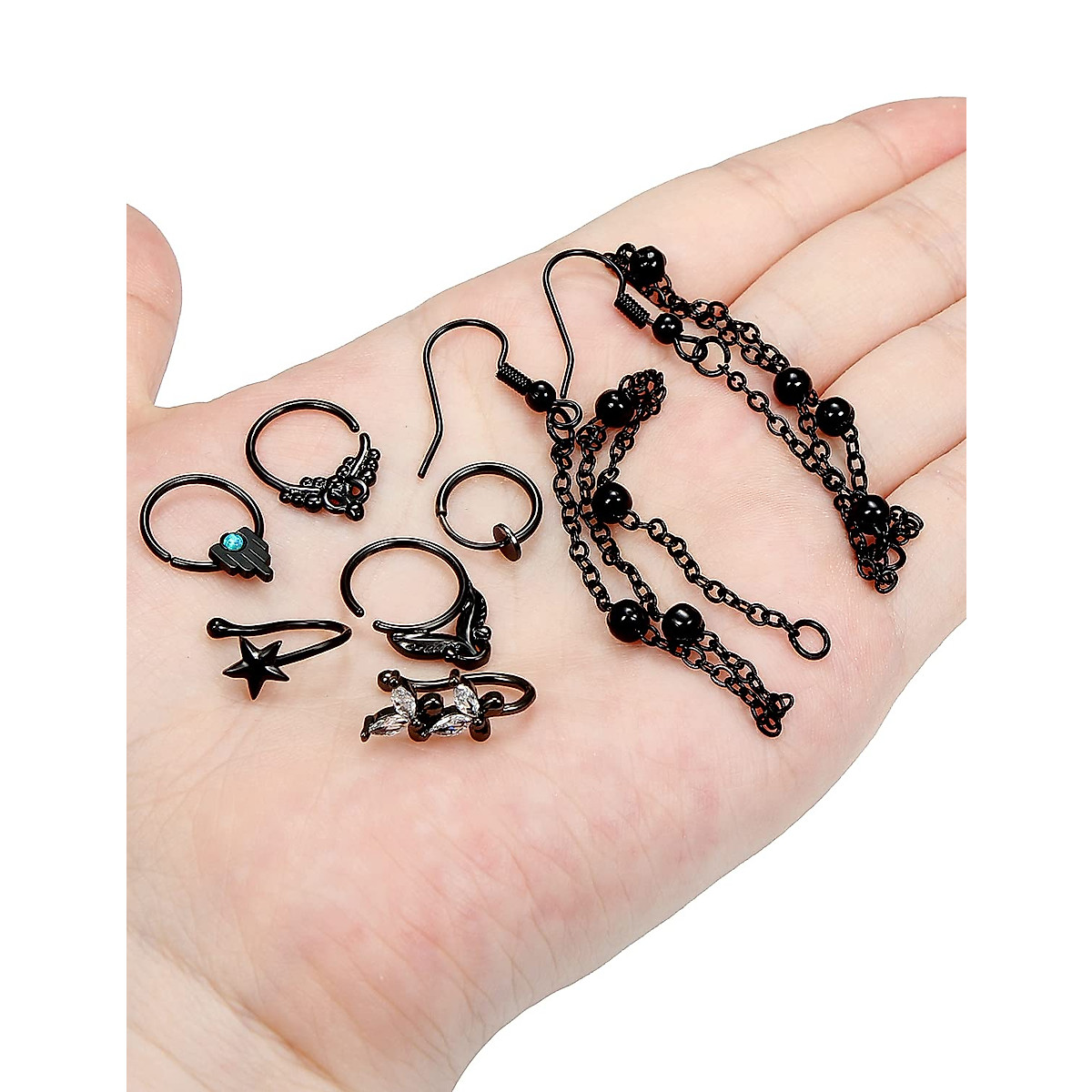 8Pcs 20G Nose Rings Hoop Chain Piercing Surgical Steel Fake Faux Nose Septum Ring Jewelry for Women Crystal Leaf Butterfly Rook Helix Cartilage Daith Piercing Jewelry,Black Nose Clip 8mm Cuffs