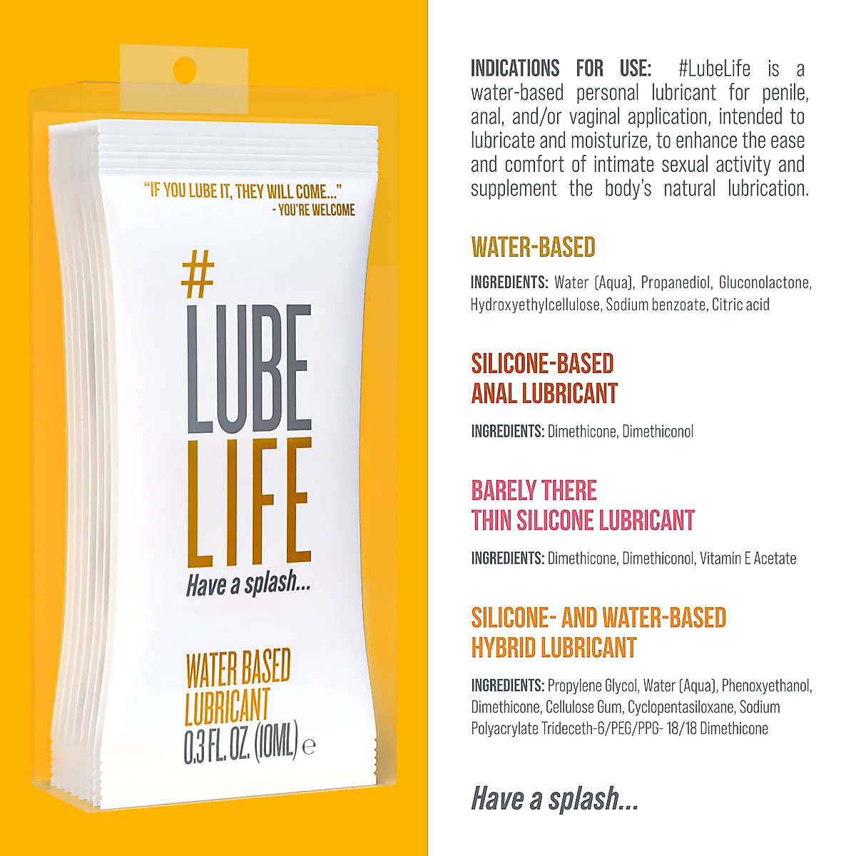 Lube Life Adventurer's Assortment Pack, Personal Lubricants 8 x 0.3 Oz - Water-Based, Silicone-and Water-Based Hybrid, Barely There Thin Silicone, Silicone Anal lube for Men, Women and Couples